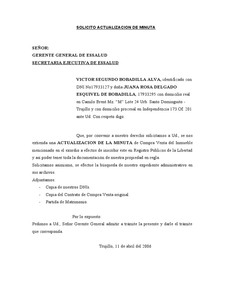 Escrito-Solicito Actualizacion de Minuta | PDF