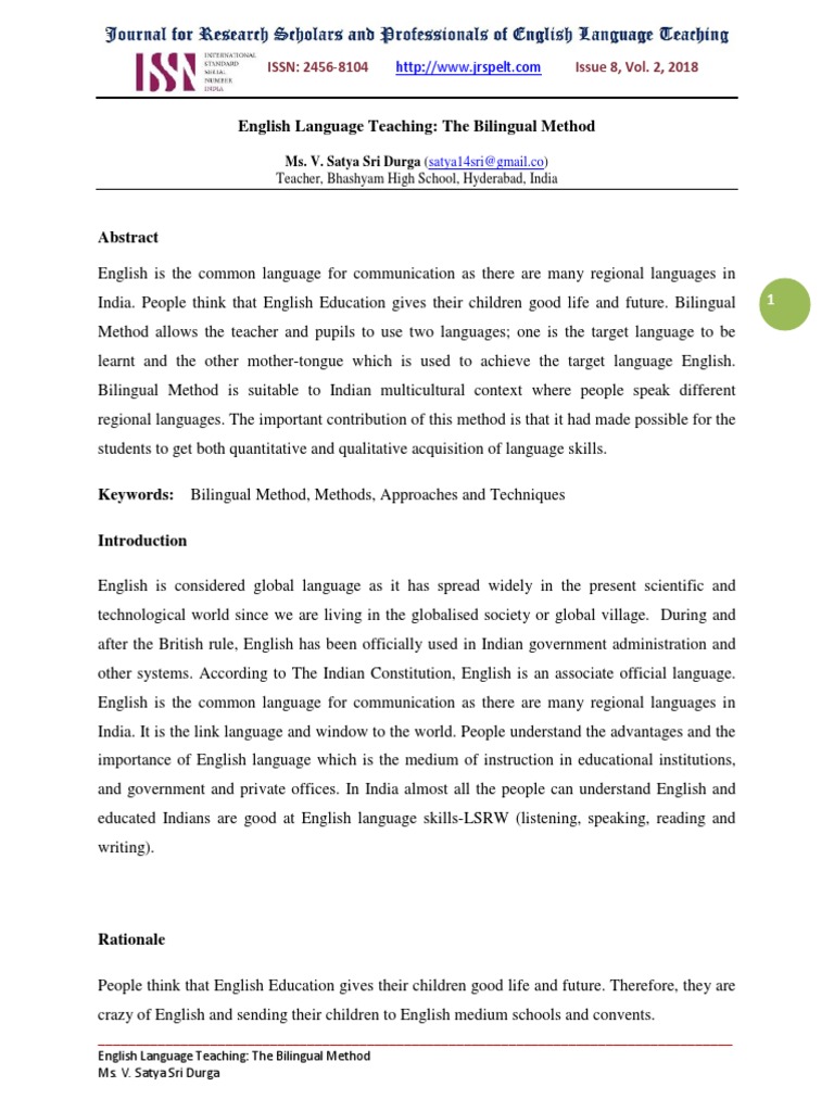 English Language Teaching: The Bilingual Method: Issn: Issue 8, Vol. 2 ...