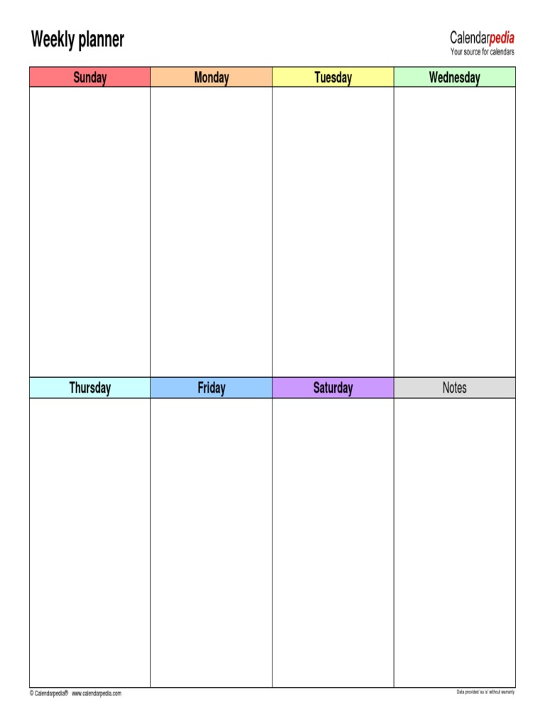 Weekly Planner Landscape 4 Columns in Color | PDF