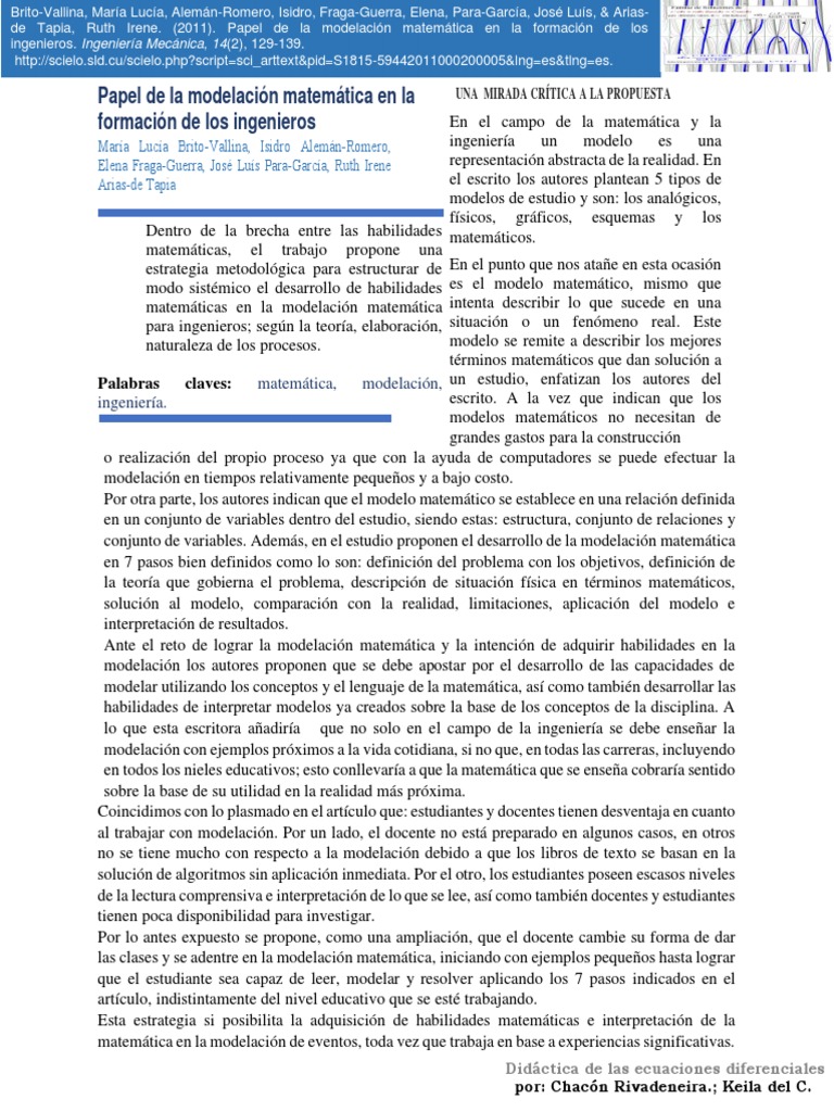 Una Mirada Crítica A La Propuesta Papel de La Modelación Matemática en ... Una Mirada Crítica A La Propuesta Papel de La Modelación Matemática en ...