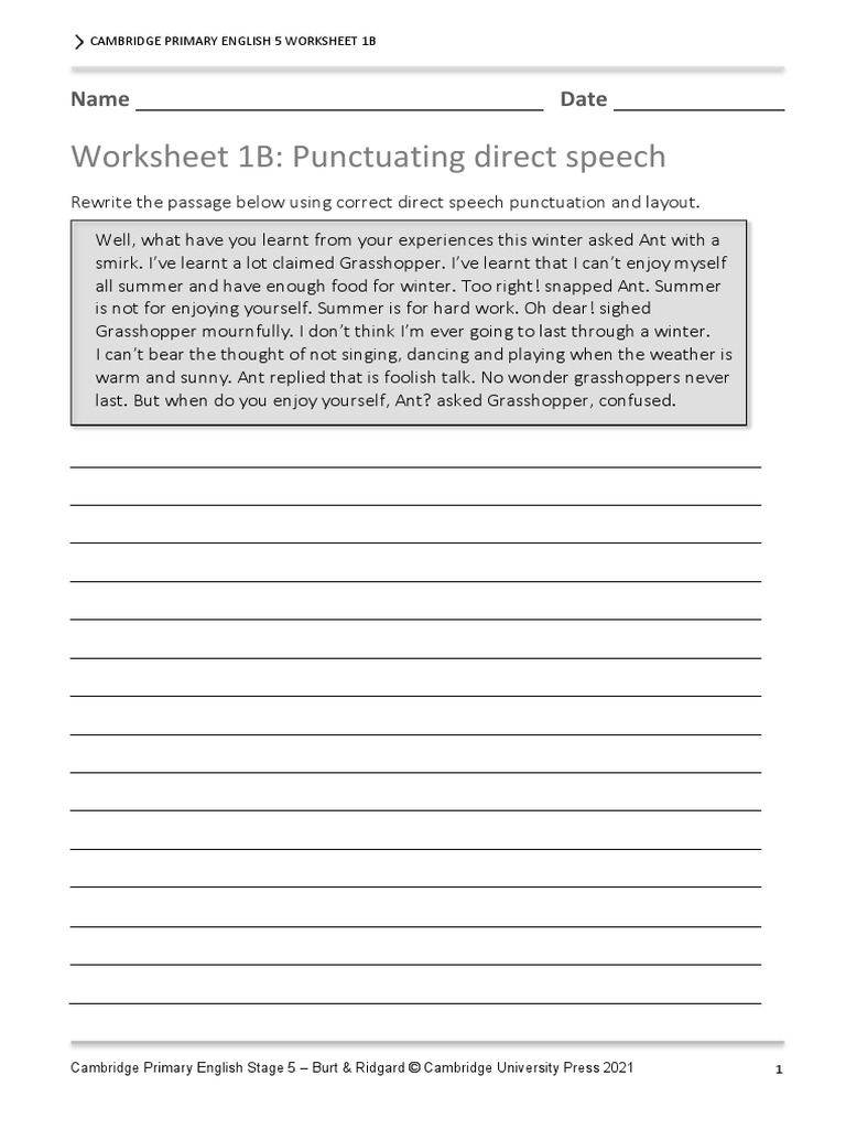 Worksheet 1B: Punctuating Direct Speech: Name Date | PDF