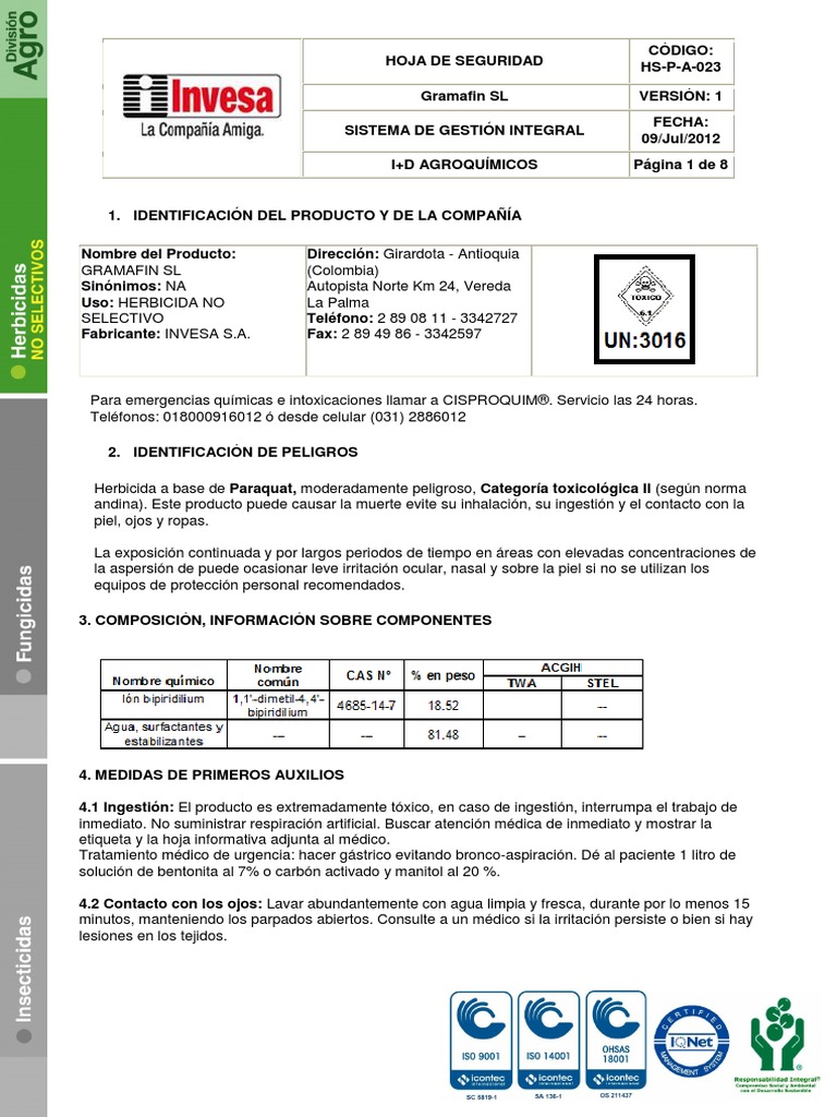 MSDS Gramafin | PDF | Residuos | Pesticida