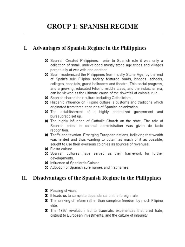 Group 1: Spanish Regime: I. Advantages of Spanish Regime in The ...