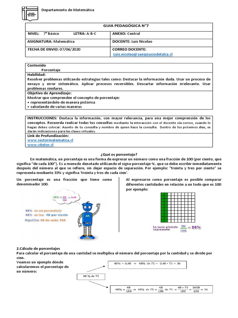 Guia N°7 Matematica 7mo Basico A B C Porcentaje | PDF | Porcentaje