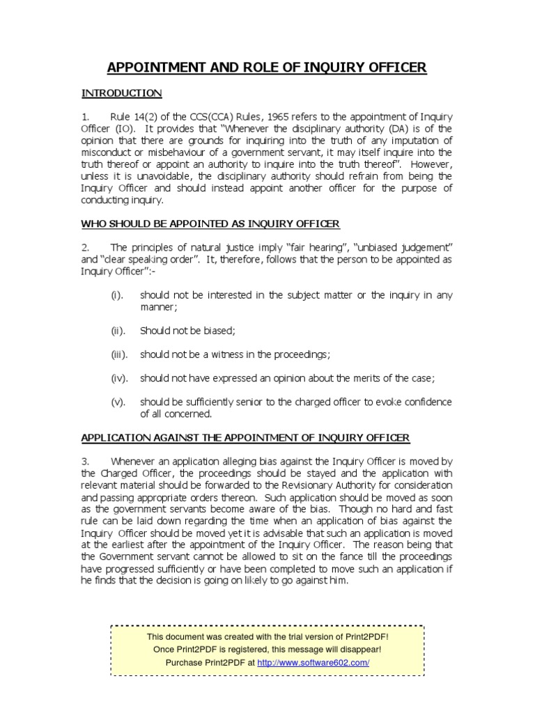 Inquiry Officer Appointment Guidelines | PDF | Burden Of Proof (Law ...
