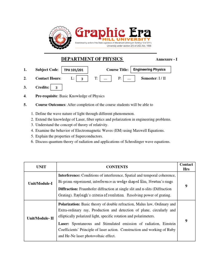 Physics (TPH 101) - Syllabus 2020 (Theory and Practical) | PDF | Diffraction | Optics