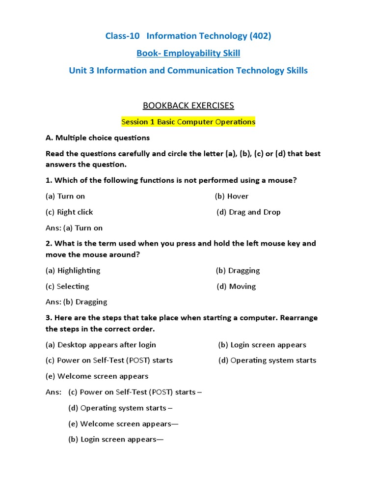 Grade 10 Employability Skill Unit 3 Bookback & Additional Mcqs | PDF ...