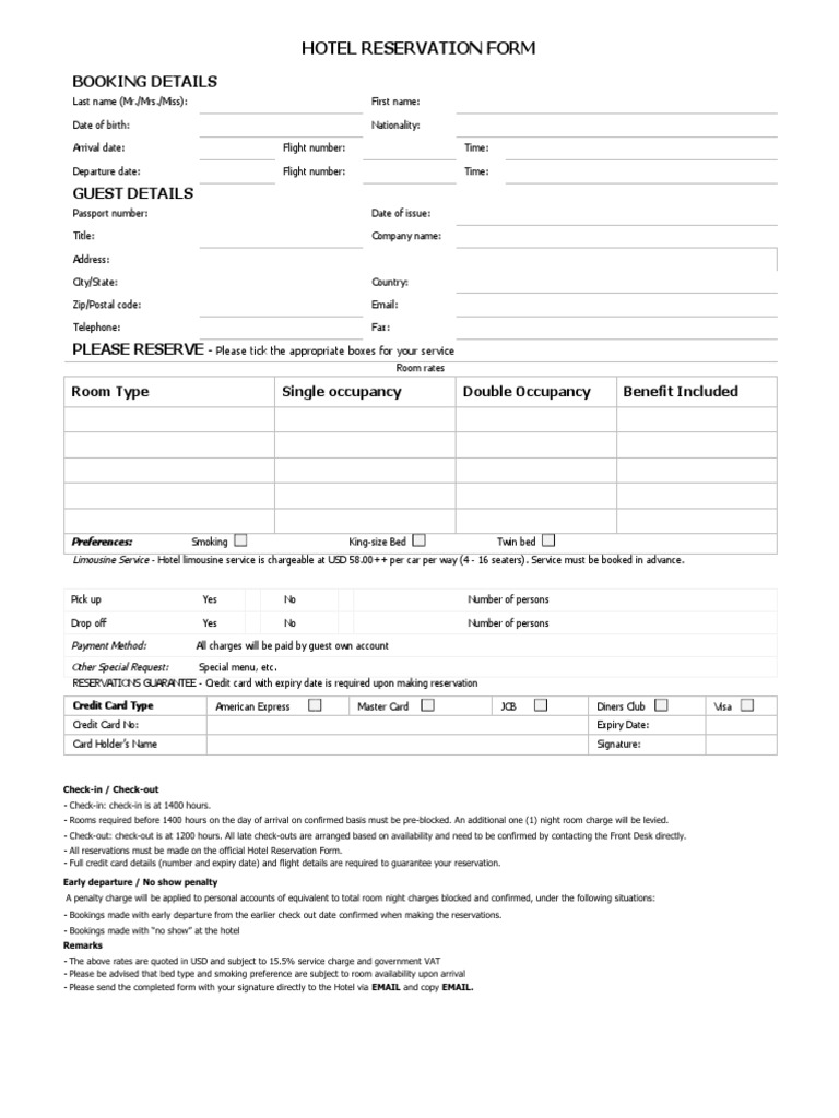 Hotel Reservation Form | PDF | Credit Card | Payments