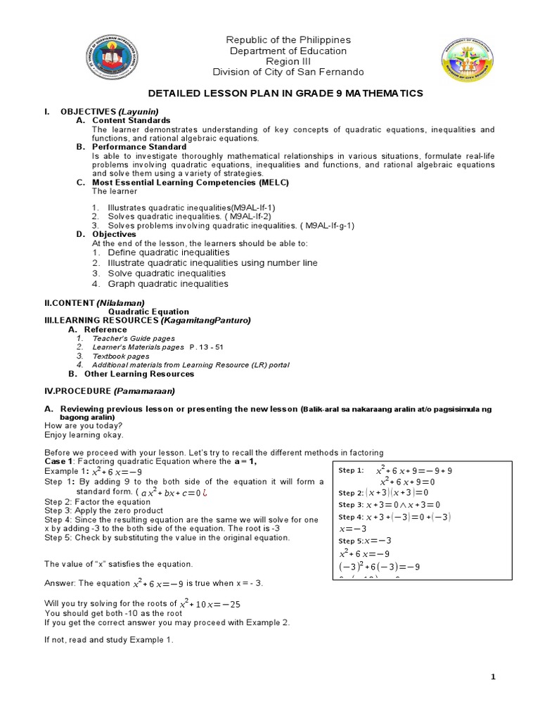 Detailed Lesson Plan in Grade 9 Mathematics | PDF | Factorization ...