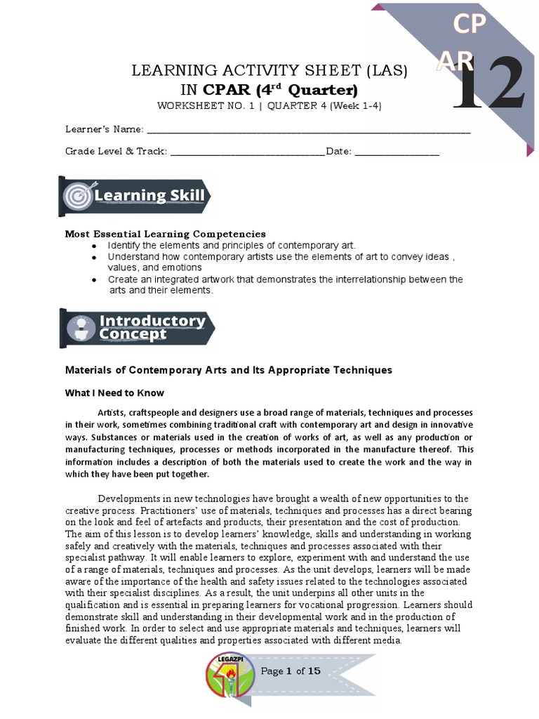Learning Activity Sheet (Las) in Cpar (4: Quarter) | PDF | Paintings ...