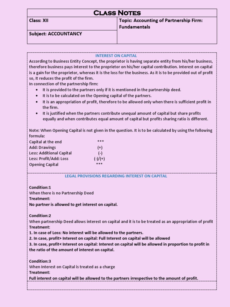 Class Notes: Class: XII Topic: Accounting of Partnership Firm ...