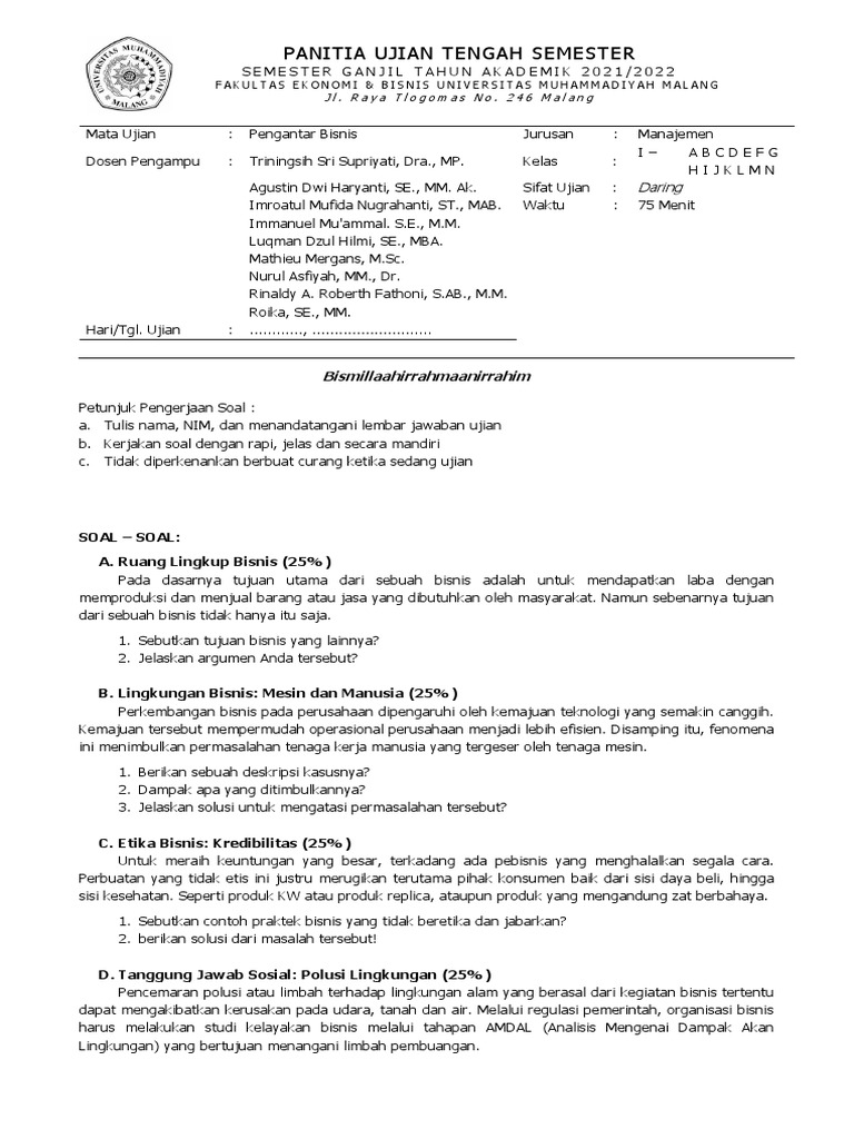 UTS MK Pengantar Bisnis Prodi Manajemen (1 - ABCDEFGHUJKLMN) Ganjil ...