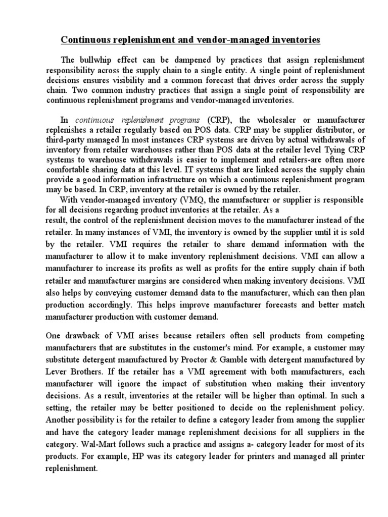 Continuous Replenishment and Vendor | PDF | Inventory | Supply Chain