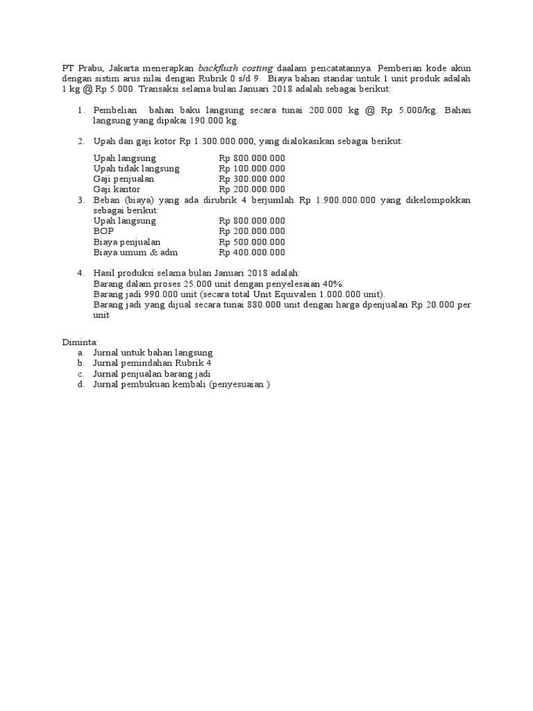 Latihan Backflush Costing | PDF | Bisnis | Pengelolaan Keuangan & Uang