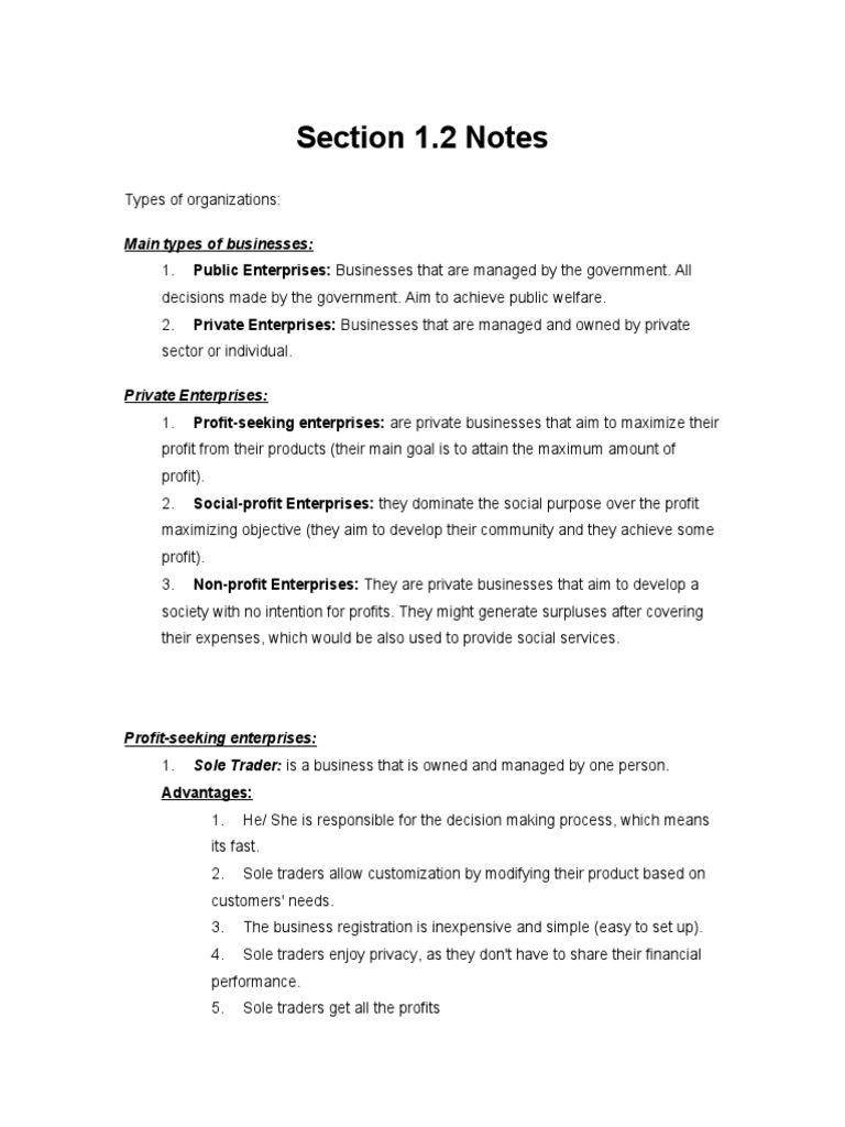 Types of Organizations and Businesses Section Notes | PDF | Cooperative ...