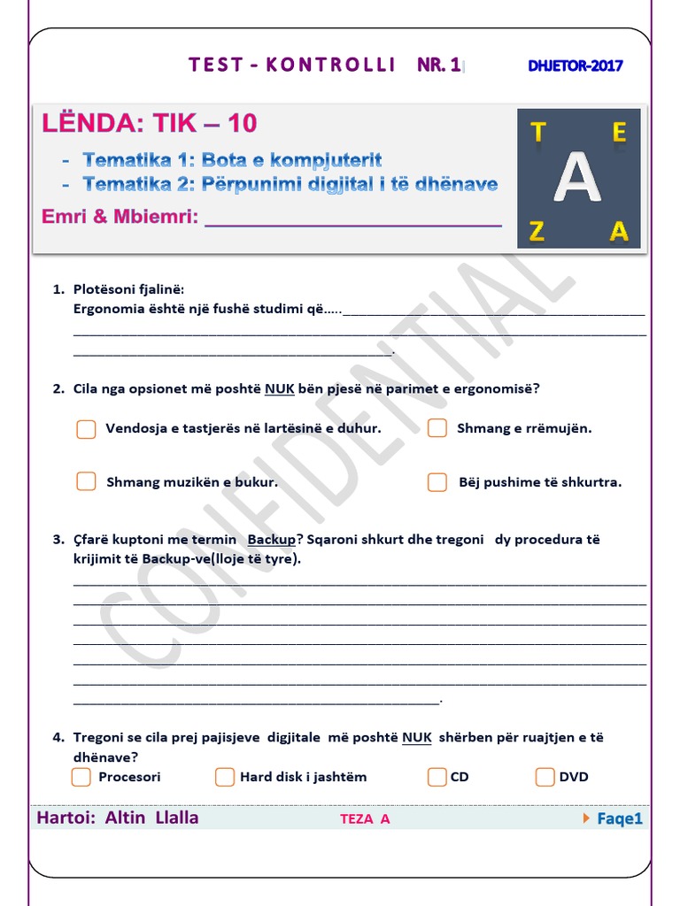 Test-Kontrolli NR 1 - Teza A-Tik - 10 - 2017-2018 | PDF