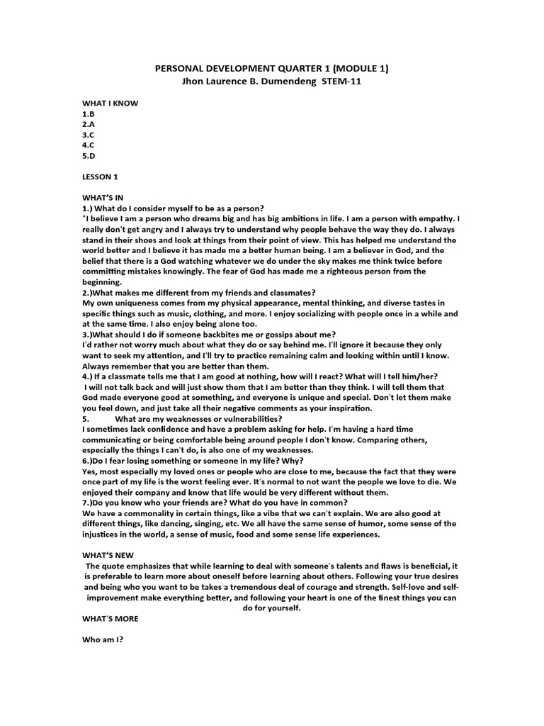 Personal Development Quarter 1 Module 1 | PDF | Adolescence | Friendship