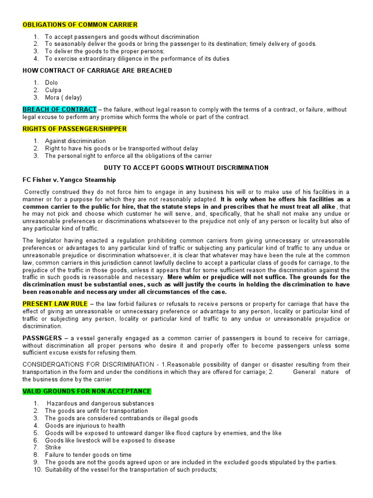 Obligations and Breaches in Carriage Contracts | PDF | Common Carrier ...