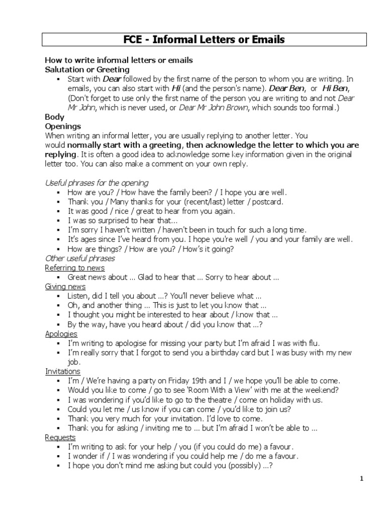 FCE - Informal Letters or Emails | PDF
