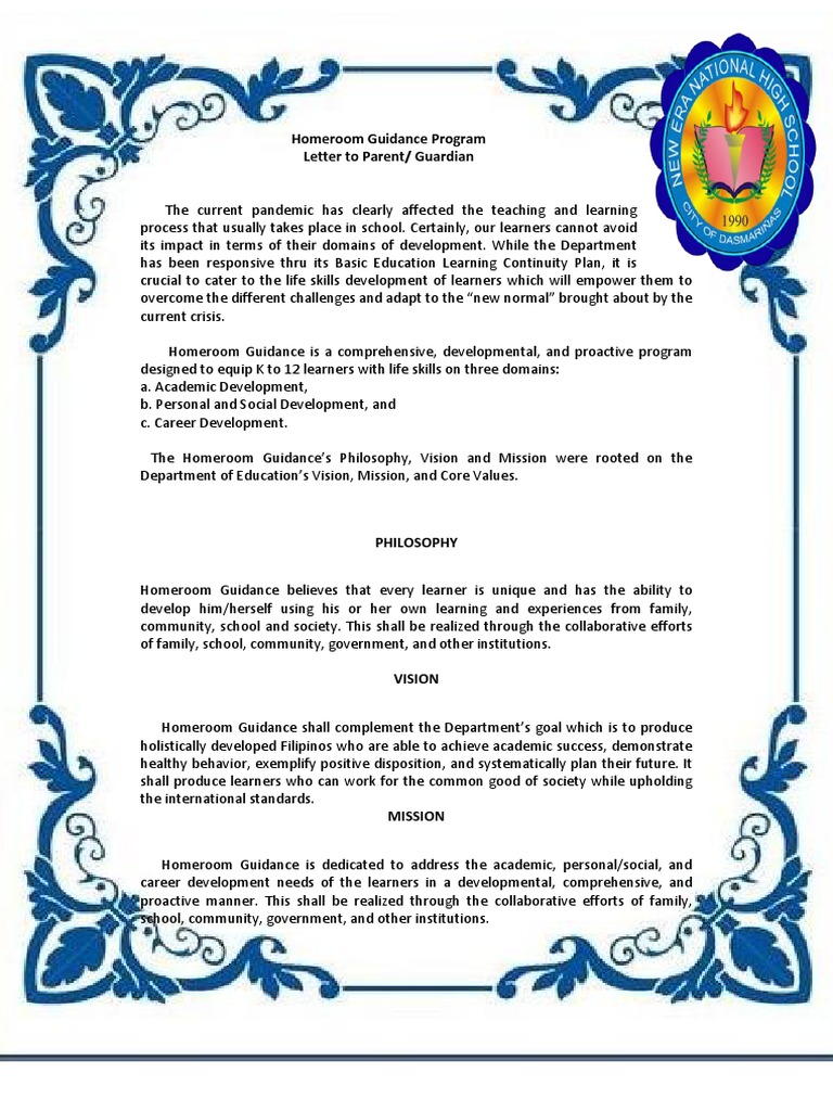 Homeroom Guidance Program LETTER To PARENT | PDF | Learning | Behavior ...