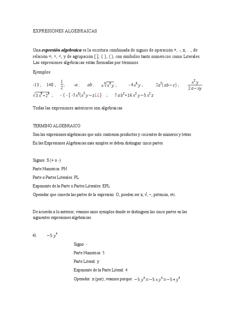 Partes y Ejemplos de Expresiones Algebraicas | PDF | Análisis ...