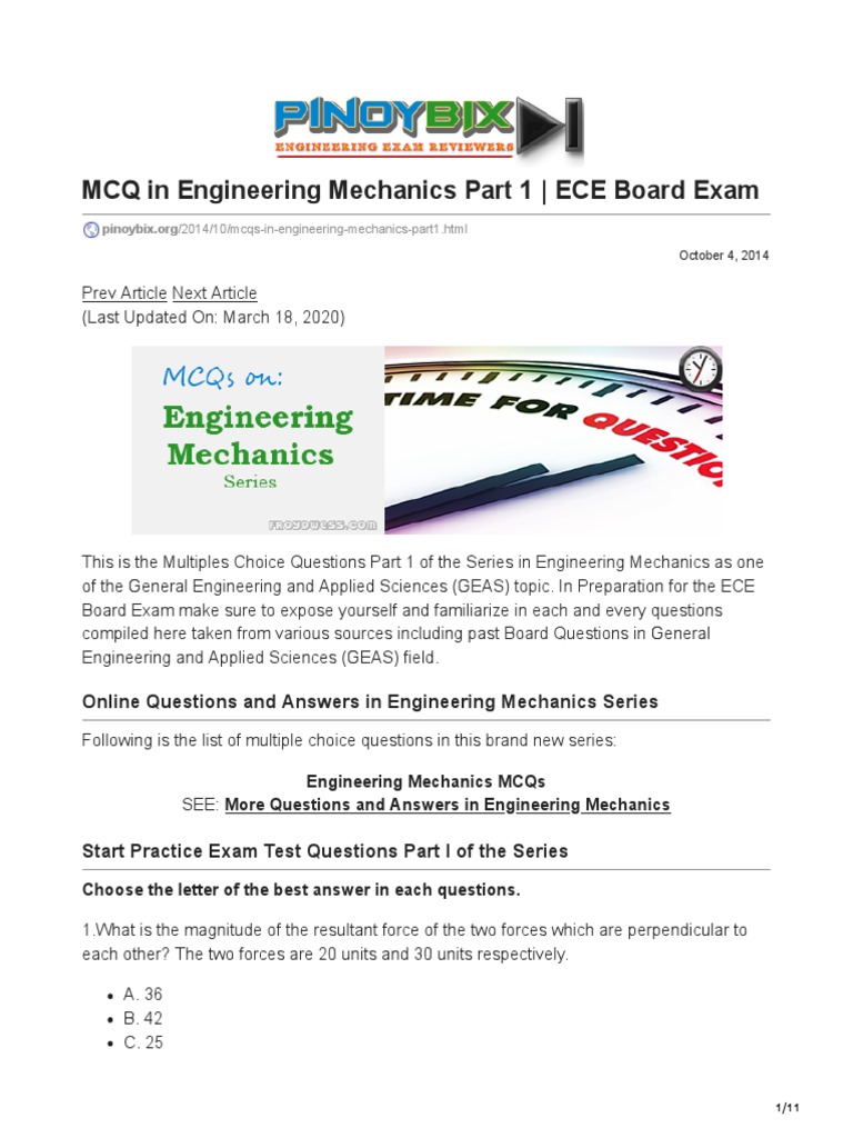 MCQ in Engineering Mechanics Part 1 ECE Board Exam | PDF | Force | Geometry