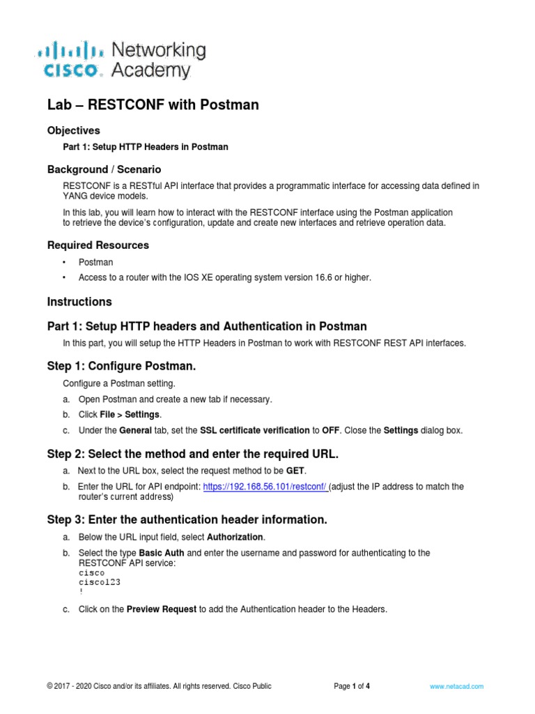 Lab - RESTCONF With Postman: Objectives | PDF | Hypertext Transfer Protocol | Json