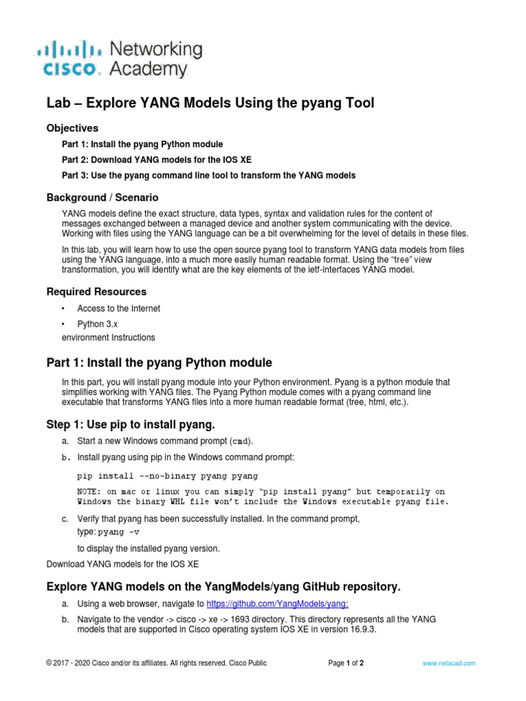 Lab - Explore YANG Models Using The Pyang Tool: Objectives | PDF ...