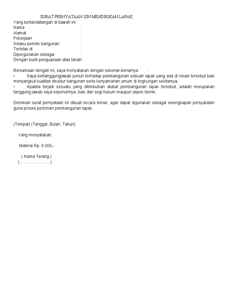 Surat Pernyataan Izin Mendirikan Lapak | PDF | Hukum