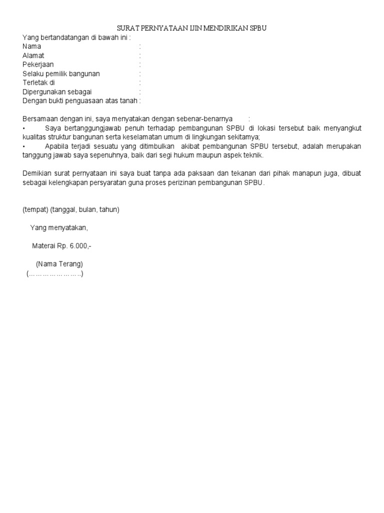 Surat Pernyataan Ijin Mendirikan Spbu | PDF