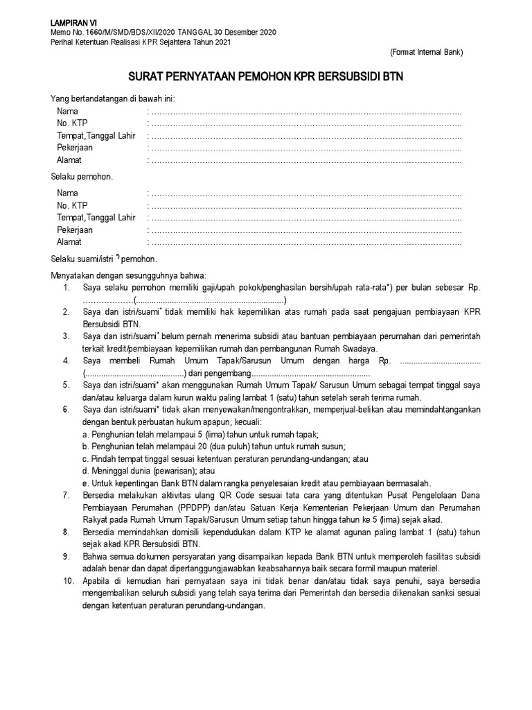 Surat Pernyataan KPR Bersubsidi BTN | PDF