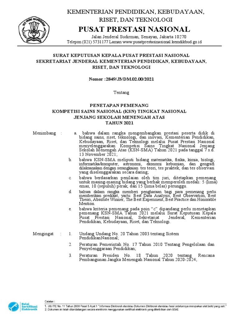 SK Penetapan Pemenang KSN SMA - MA 2021 | PDF