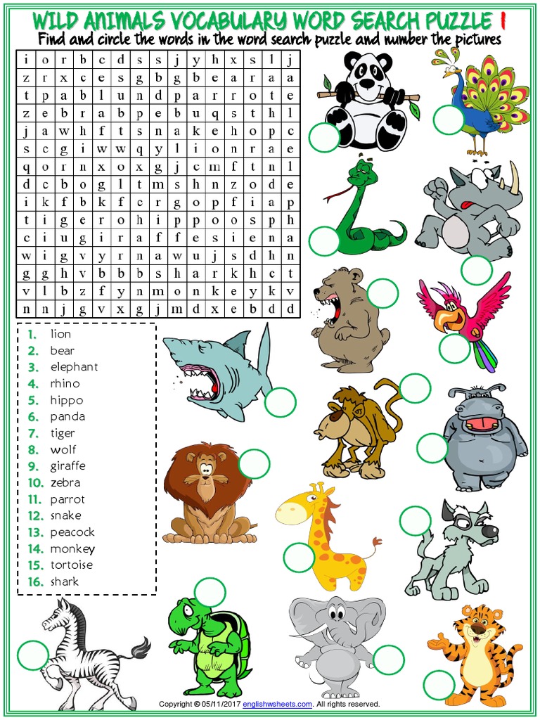 Animals Vocabulary Esl Word Search Puzzle Worksheets For Kids-Halaman-1 ...