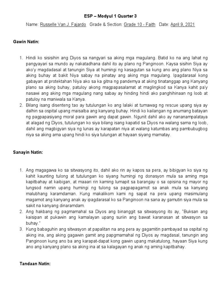 Grade 10 ESP - Modyul 1 Quarter 3 | PDF