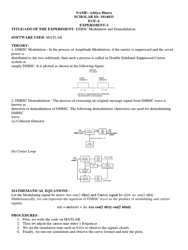 NAME-Aditya Bhura SCHOLAR ID - 1914033 Ece-A Experiment-3 TITLE/AIM OF THE EXPERIMENT: DSBSC ...