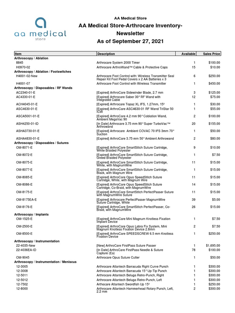 Arthrocare Inventory - AA Medical Store - 09.27.2021 | PDF | Surgery ...