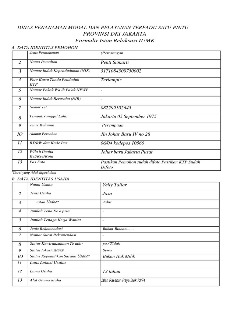 Formulir Isian Relaksasi IUMK: Provinsi Dki Jakarta | PDF