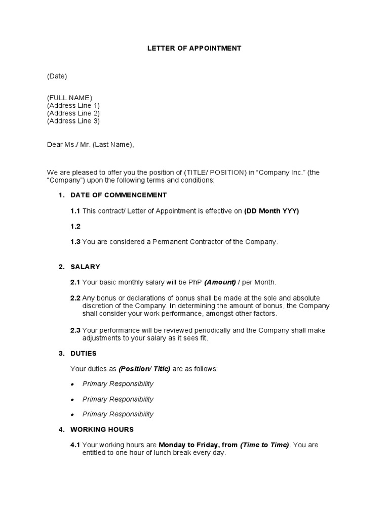 Letter of Appointment | PDF | Confidentiality | Working Time