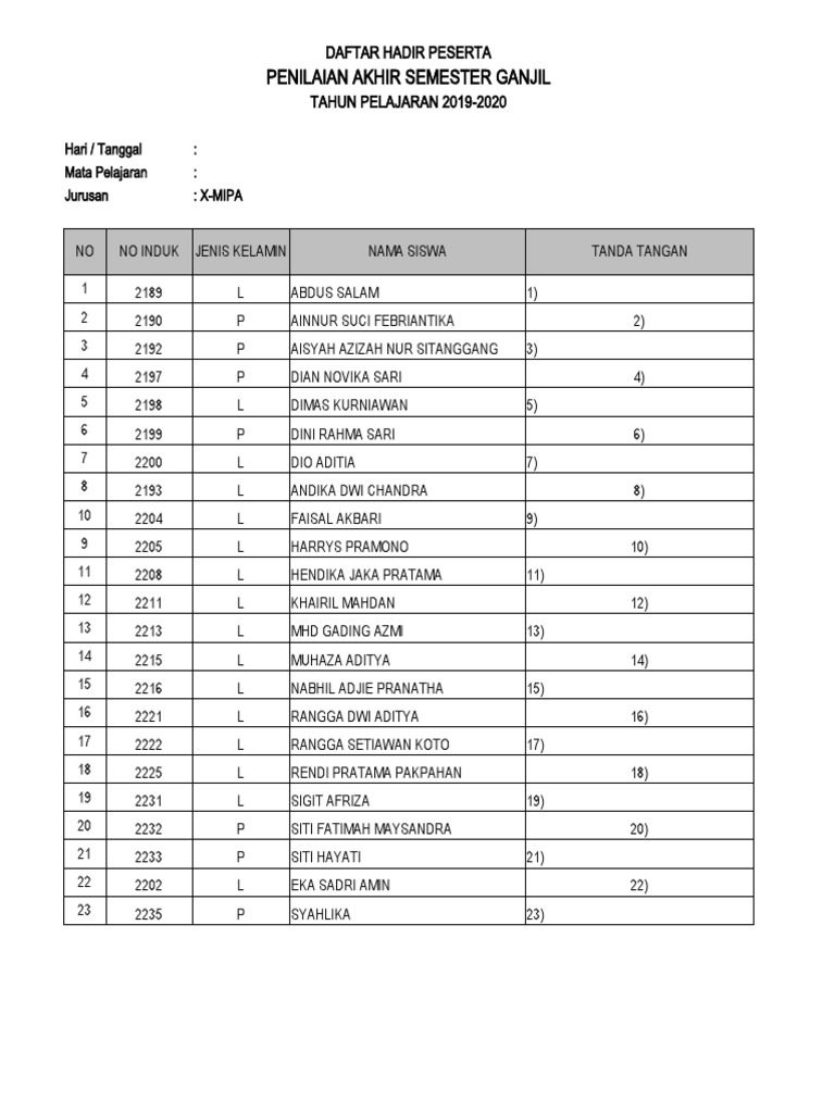 Daftar Hadir Pas Ganjil | PDF