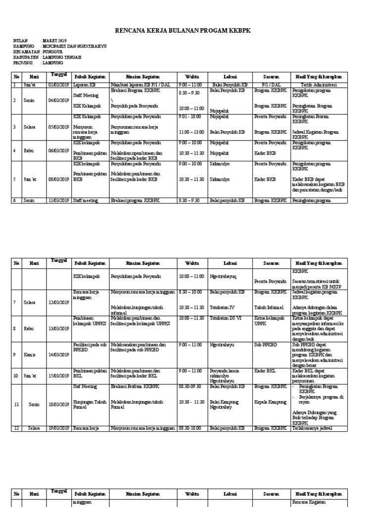 Rencana Kerja Mingguan Progam KKBPK 2222 | PDF