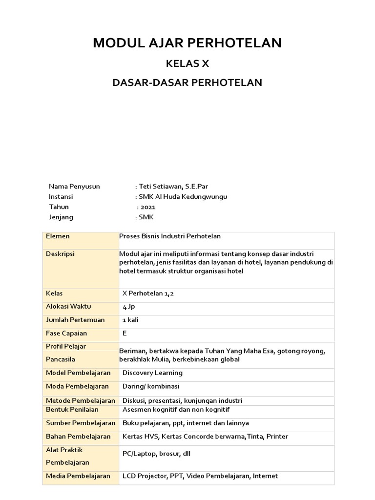Modul Ajar - Dasar Program Keahlian - Perhotelan - SMK Al Huda | PDF | Karier & Perkembangan