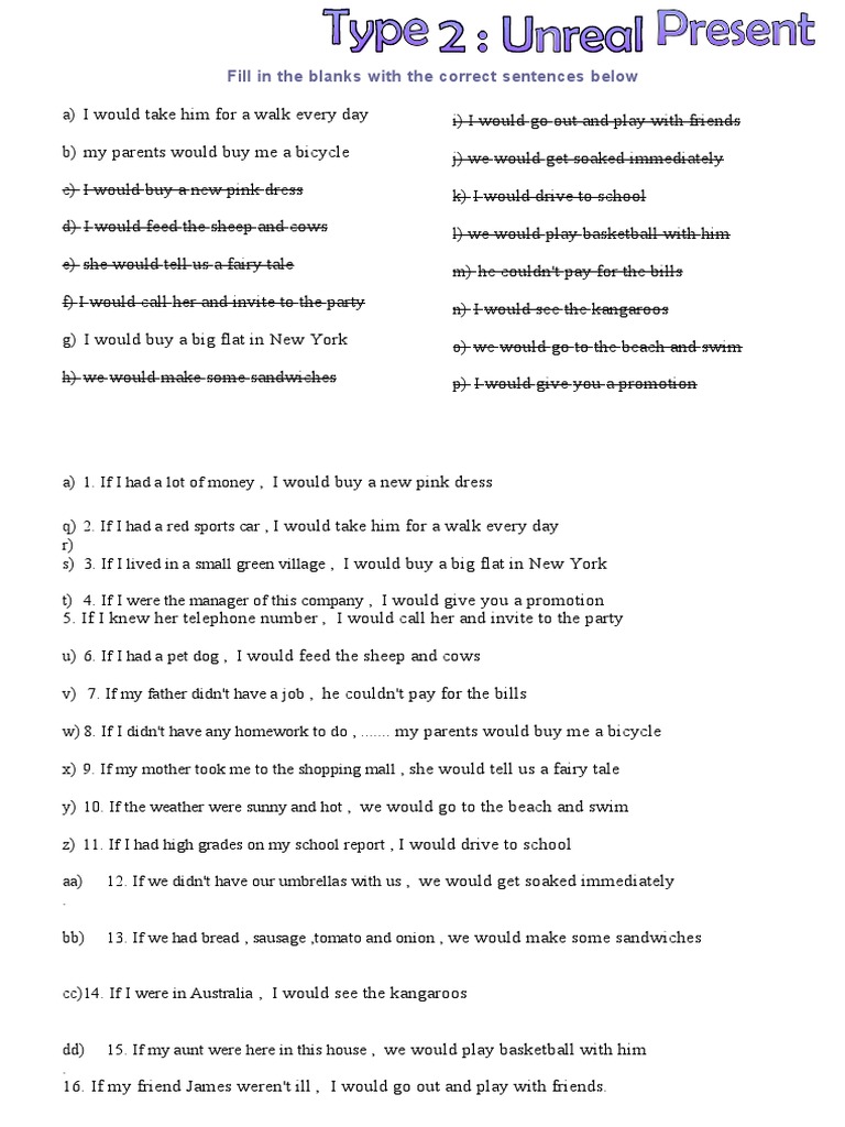 If Clauses Conditionals Type 2 Unreal Present Exercise Worksheet | PDF