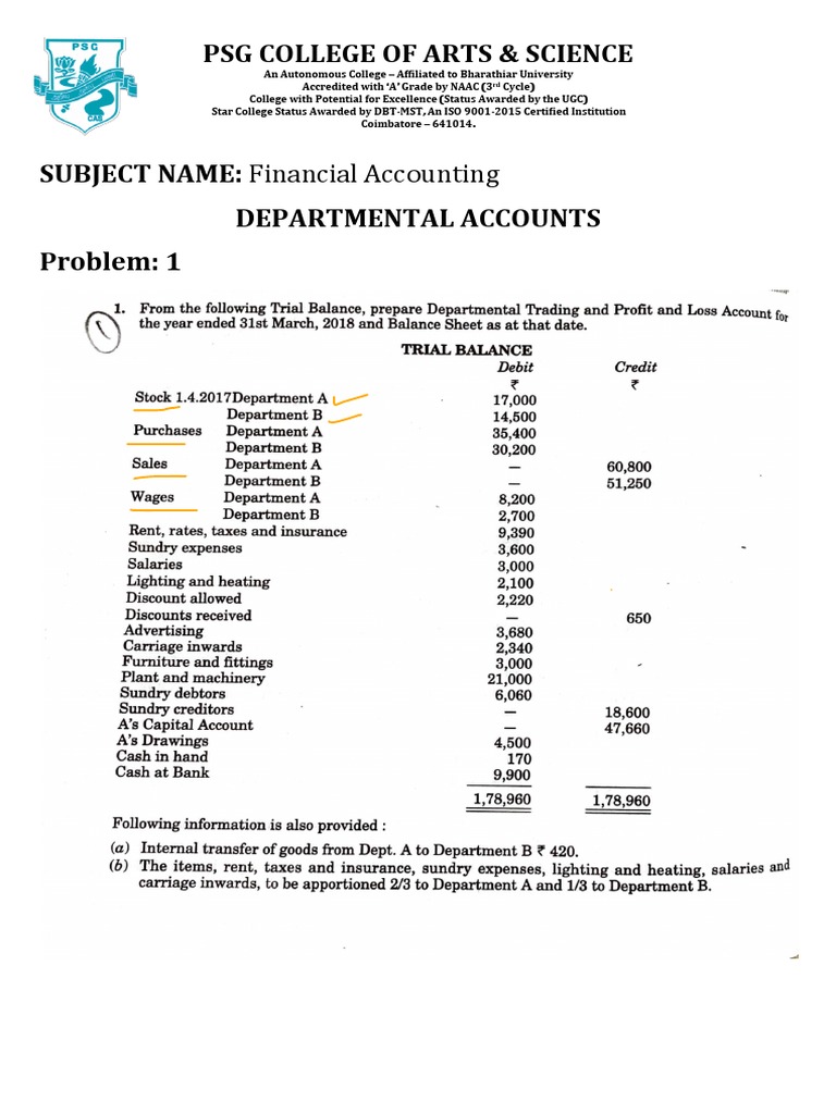 Departmental Account Problems & Answer | PDF | Net Income | Gross Income
