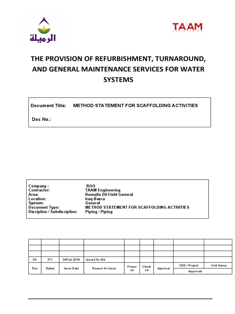 Method Statement For Scaffolding Activities | PDF | Scaffolding | Safety