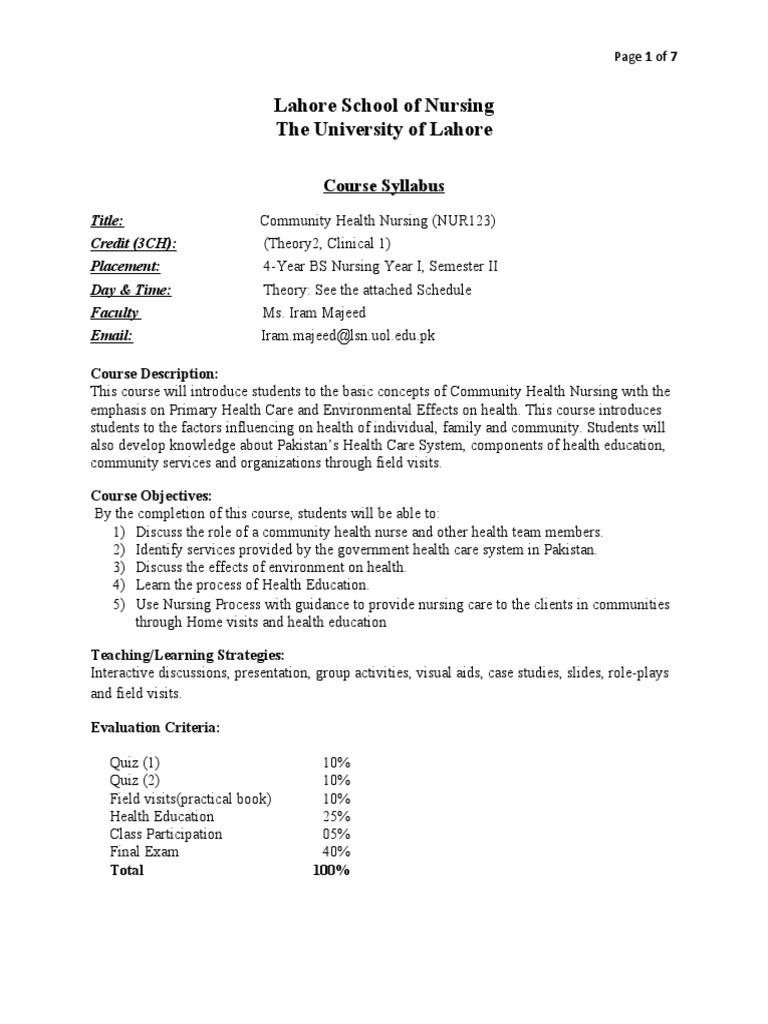 Lahore School of Nursing The University of Lahore: Course Syllabus ...