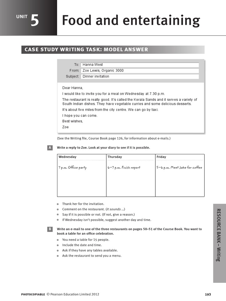 Food and Entertaining: Case Study Writing Task: Model Answer | PDF ...
