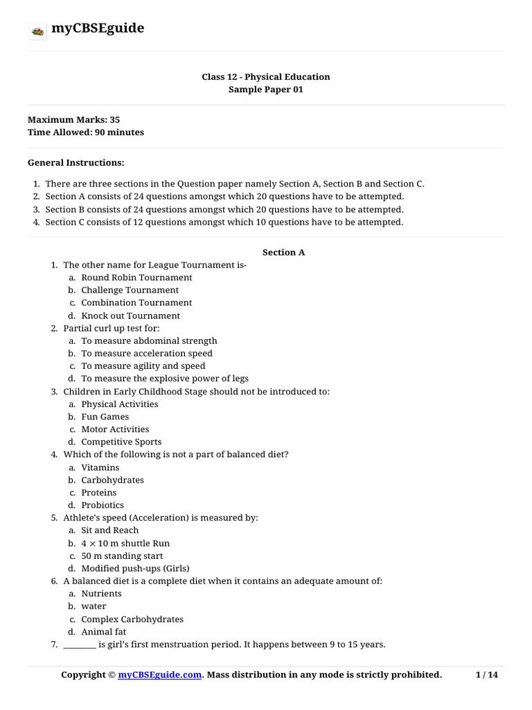 Mycbseguide: Class 12 - Physical Education Sample Paper 01 | PDF ...