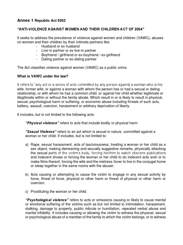 Annex 1 Republic Act 9262 | PDF | Violence | Restraining Order