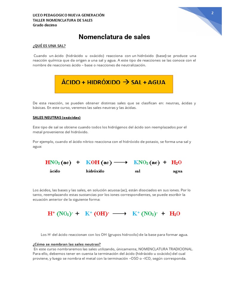 Nomenclatura de sales ácidas y neutras | PDF | Sal (química) | Ácido