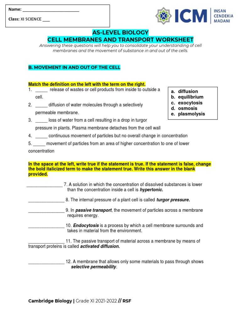 As-Level Biology Cell Membranes and Transport Worksheet: Name: - Class ...
